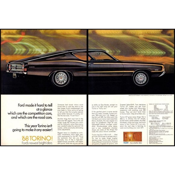 Ford | Art | 968 Ford Torino Gt Fastback Coupe 2 Page Vintage Print Ad ...